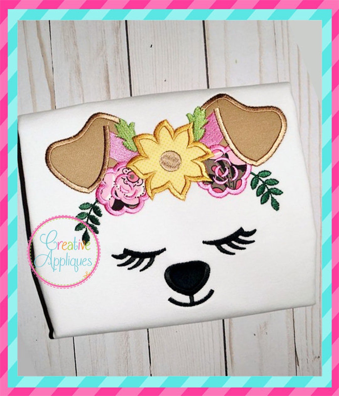 Floral Dog Face Flower Crown Digital Machine Embroidery Applique Design ...