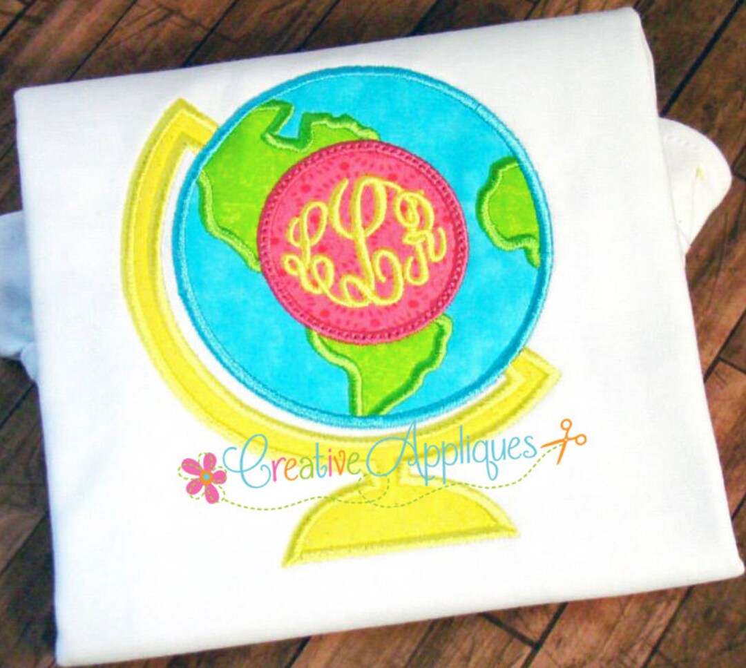 Earth Globe Monogram Digital Machine Embroidery Applique Design 4 Sizes ...