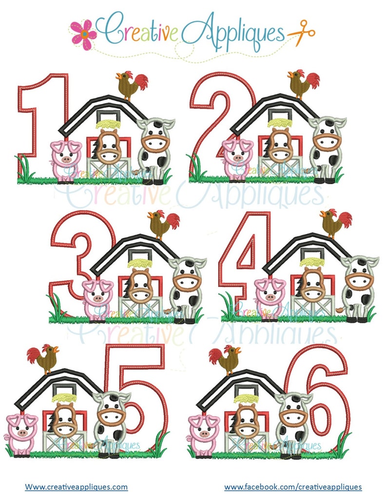 Barn Birthday Number Set Digital Machine Embroidery Applique Design 4 ...