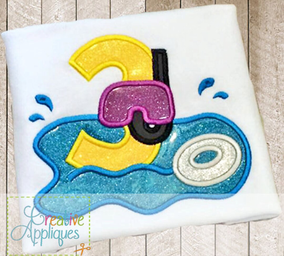 Swim Pool Party Number 3 Birthday Applique Digital Machine Embroidery ...