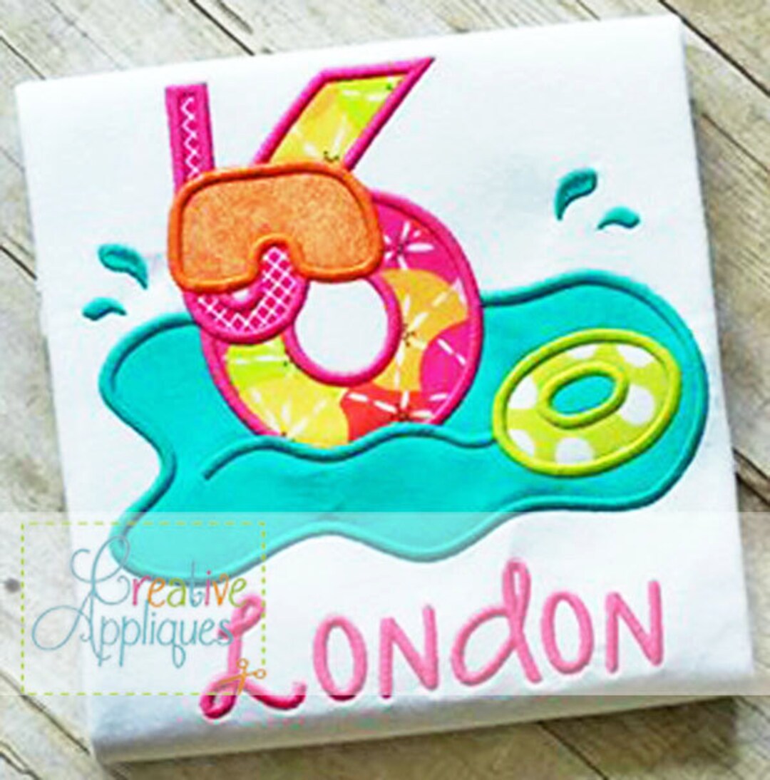 Swim Pool Party Number 6 Birthday Applique Digital Machine Embroidery ...