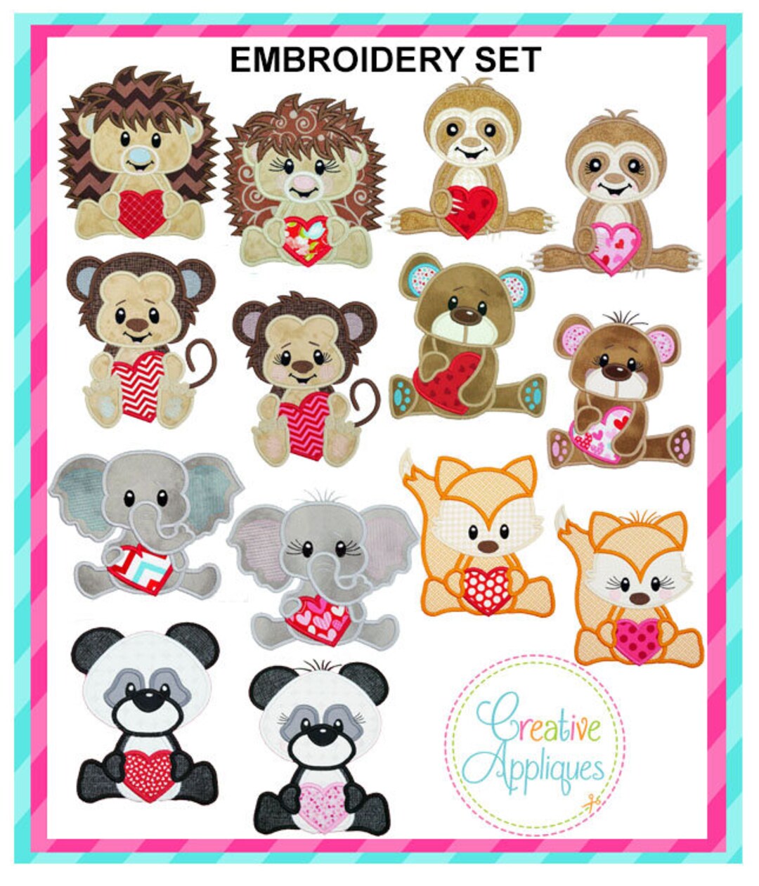 Valentine Animal Set Digital Machine Embroidery Applique Design 4 Sizes ...