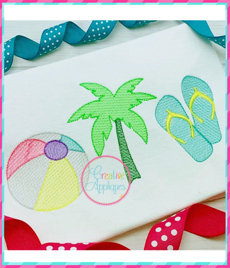 Sketch Beach Ball Tree Flip Flops Machine Embroidery Digital Design 5 ...