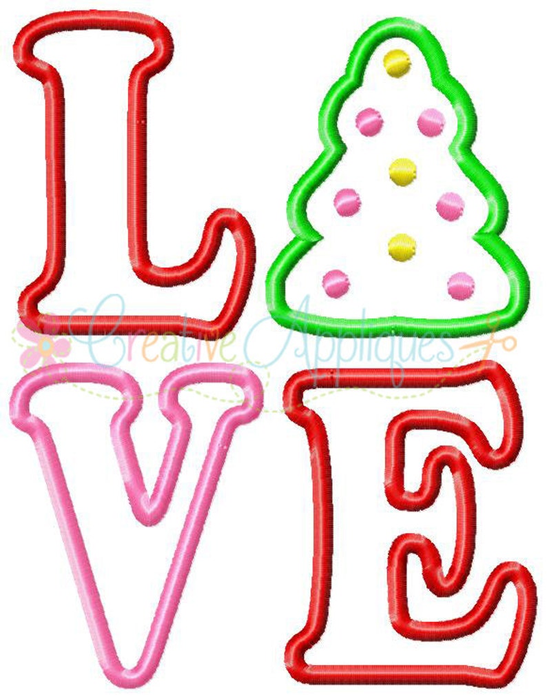 Love Christmas Tree Applique Digital Machine Embroidery Design 4 Sizes ...