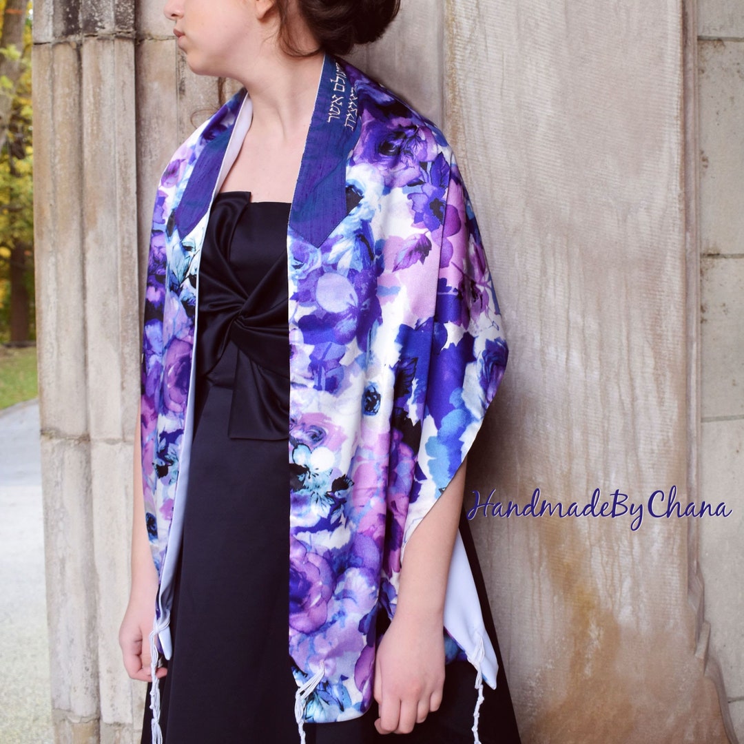 Purple Floral Tallit, for Women, Ladies, Bat Mitzvah, Handmade Satin ...