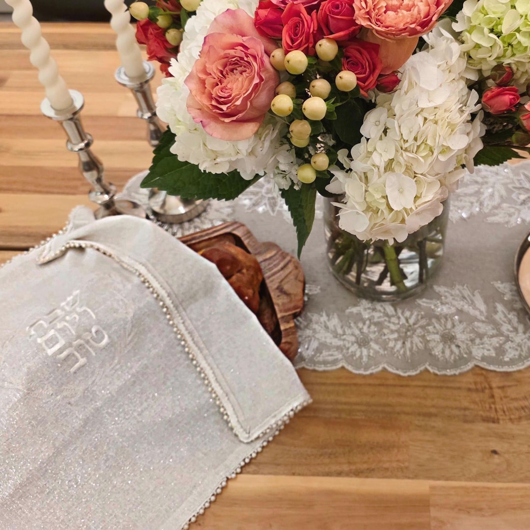 Embellished Pearl Shabbat and Holiday Challah Cover, Ivory Hebrew ...