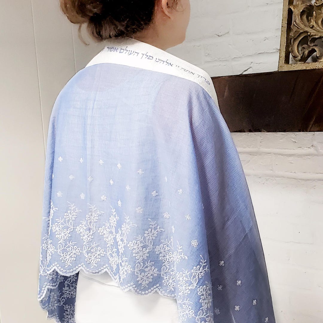 Blue Embroidered Tallit, Lightweight Eyelet Prayer Shawl, Girls Tallis ...