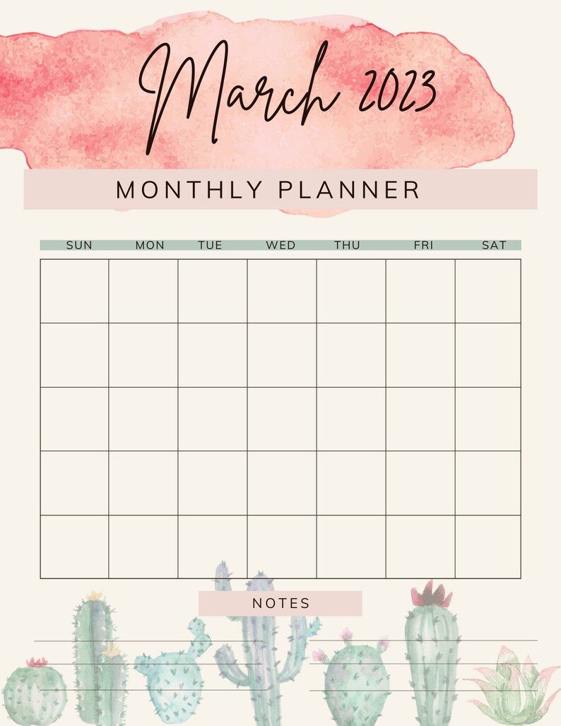 2023 Printable Monthly Planner, Simple, Cute, Easy to Use, Cactus ...