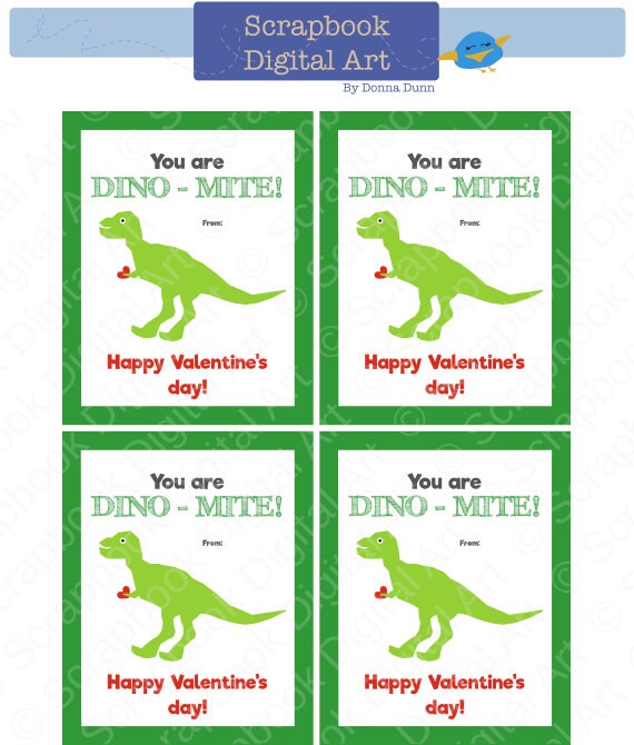 Printable Valentine Cards for Kids. Dino-mite Dinosaur Kids - Etsy
