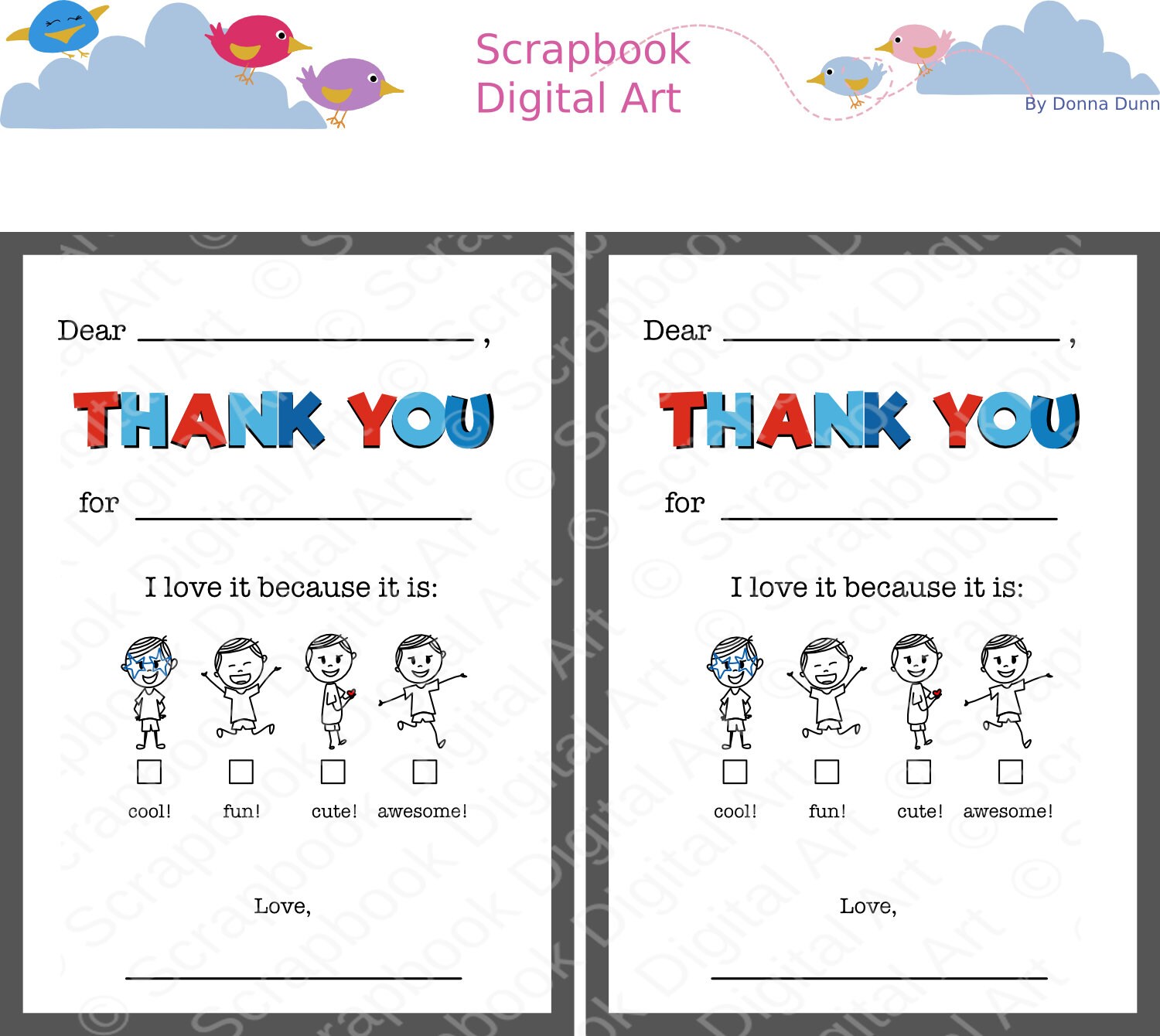 Kids Fill in the Blank, Thank You Cards. Printable Thank You Flat Card ...