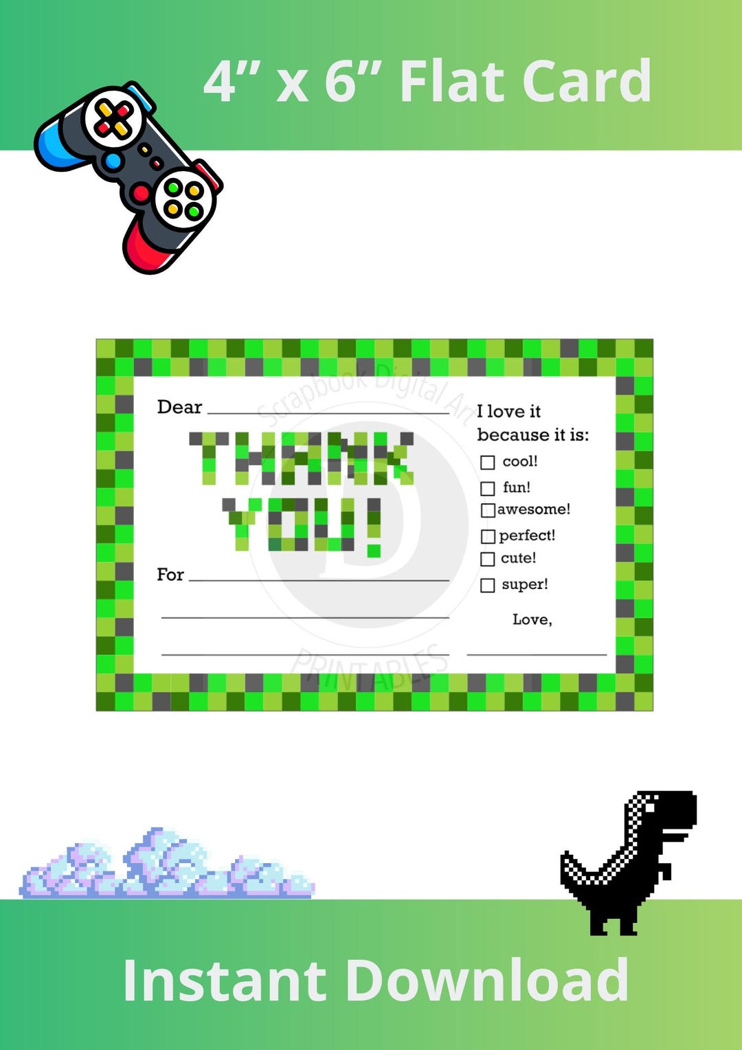 Pixel Video Game Thank You Card, Gaming Party (PDF Pattern) - Etsy