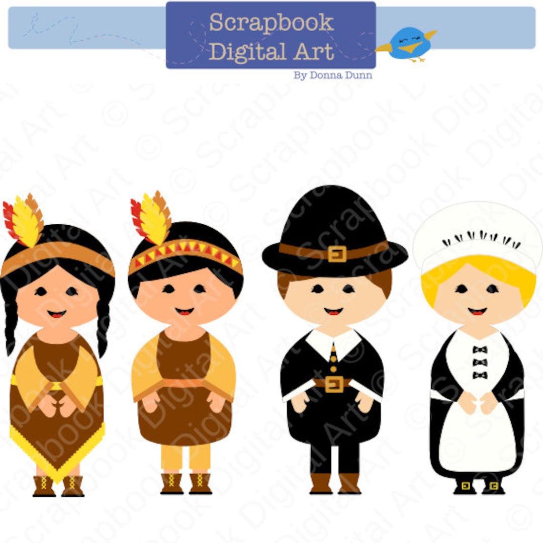 Pilgrims and Native Americans Clip Art, Thanksgiving Graphics (digital ...