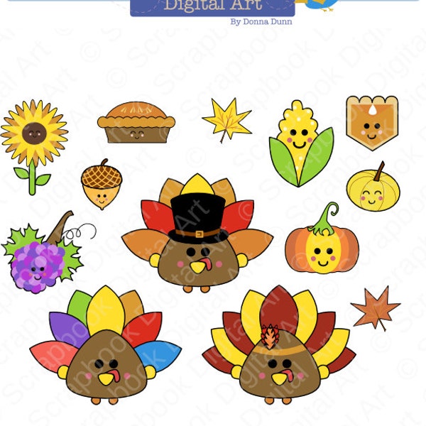 Kawaii Thanksgiving Clip Art - Etsy