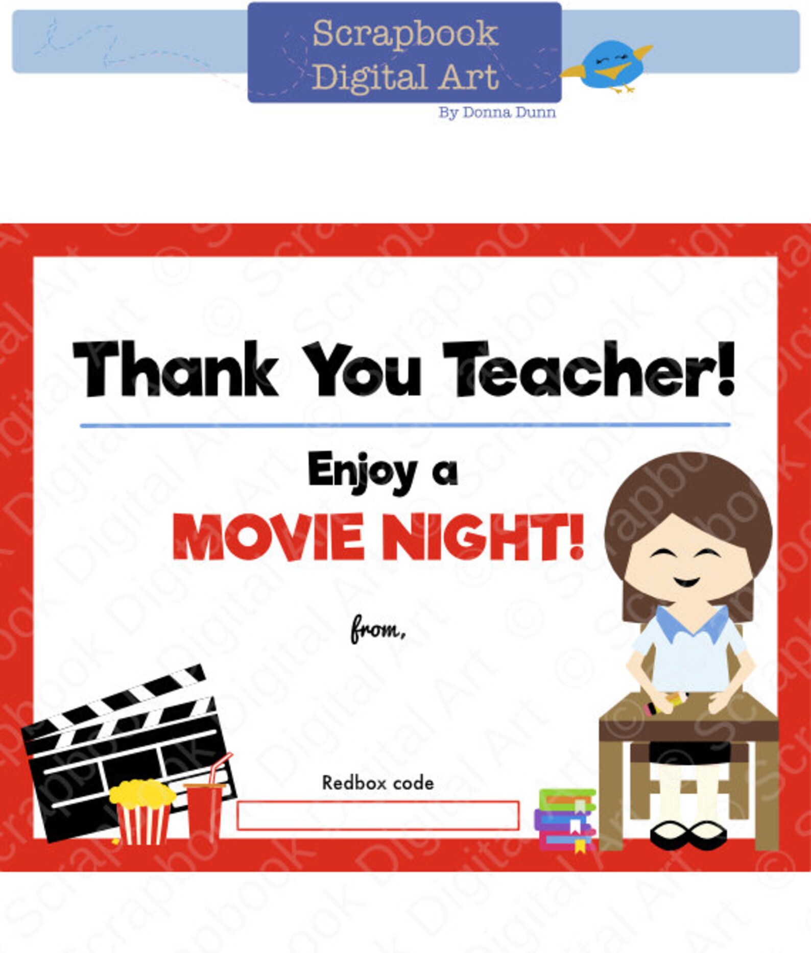 Printable 4x5 Thank You Teacher, Redbox Gift Card Tag, Printable Card ...