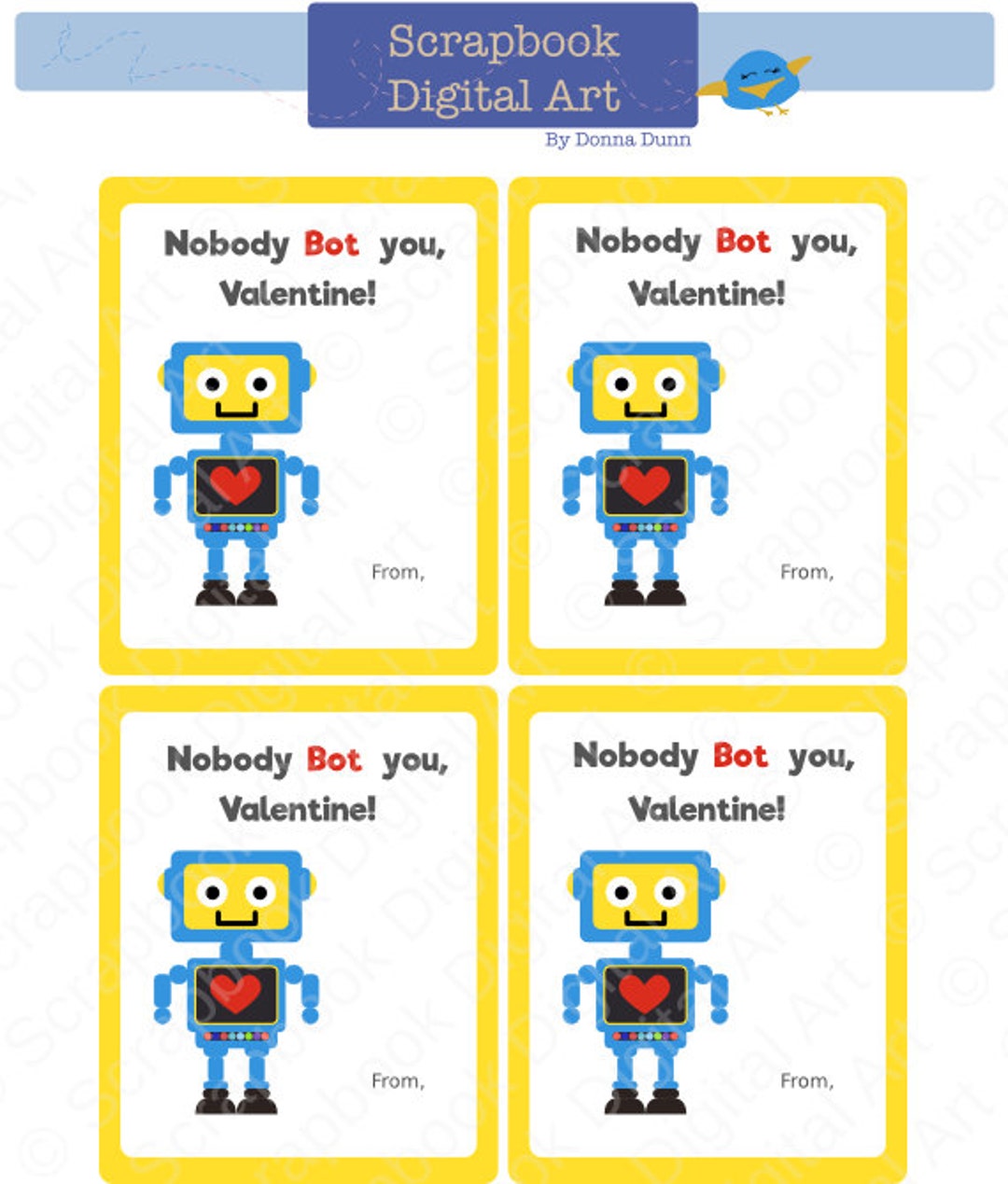Printable Robot Valentine Tags, Kids Valentine Cards, Valentine's Day ...