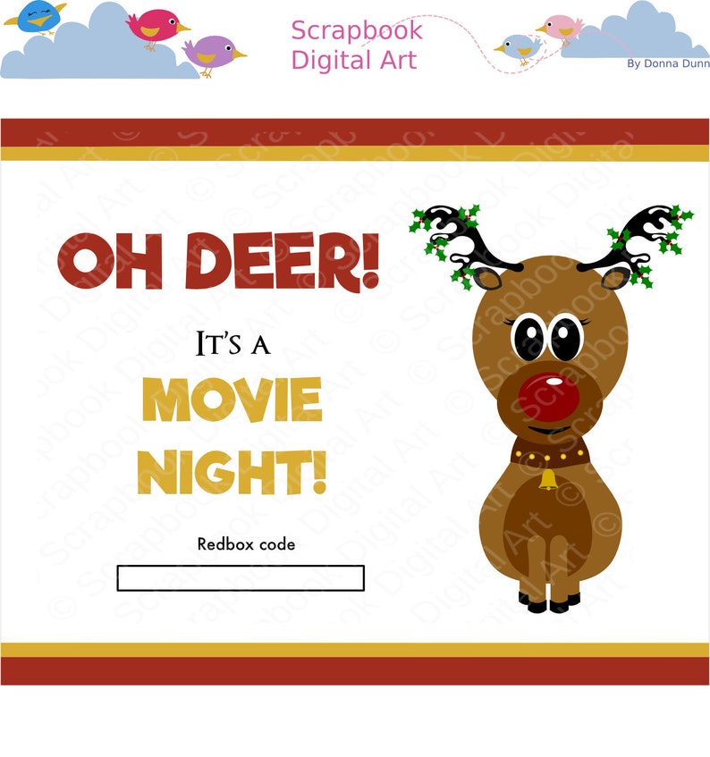 Printable 4x5 Christmas Printable Redbox Gift Card Tag, Movie Night ...