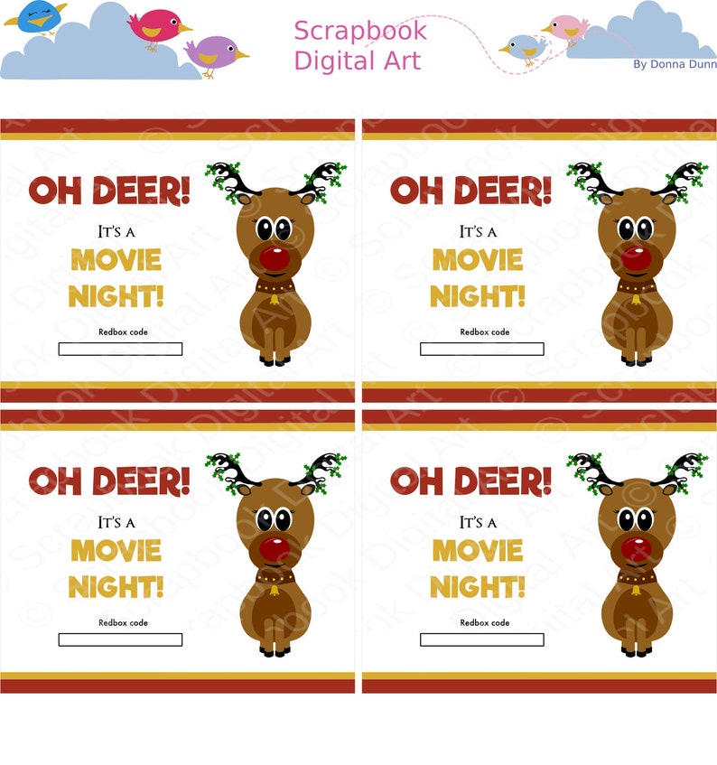 Printable 4x5 Christmas Printable Redbox Gift Card Tag, Movie Night ...