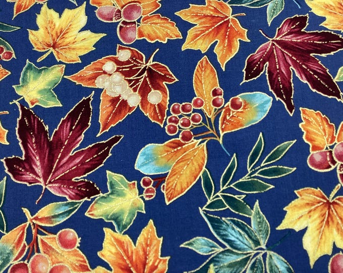 Fall Cotton Fabric by Half Yard, Leaves in Light Blue, Maroon Orange ...