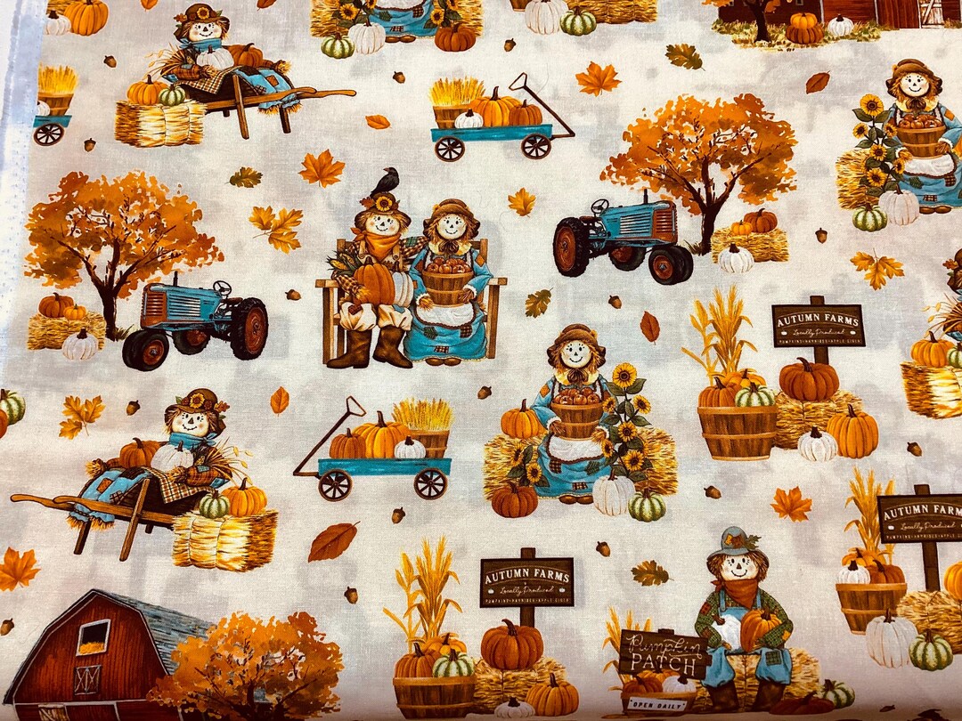 Fall, Scarecrow Figures Cotton Fabric, by Half Yard, Pumpkins, Carts ...