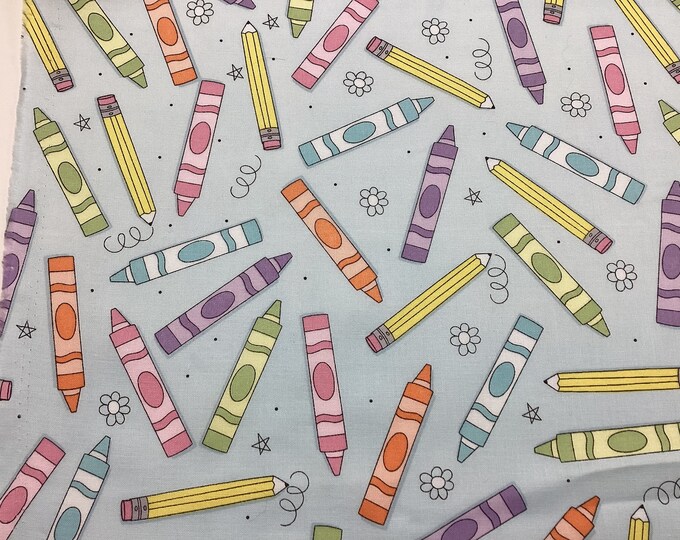 School Cotton Fabric, Half Yard, Crayons & Pencils, Pastel Colors in ...