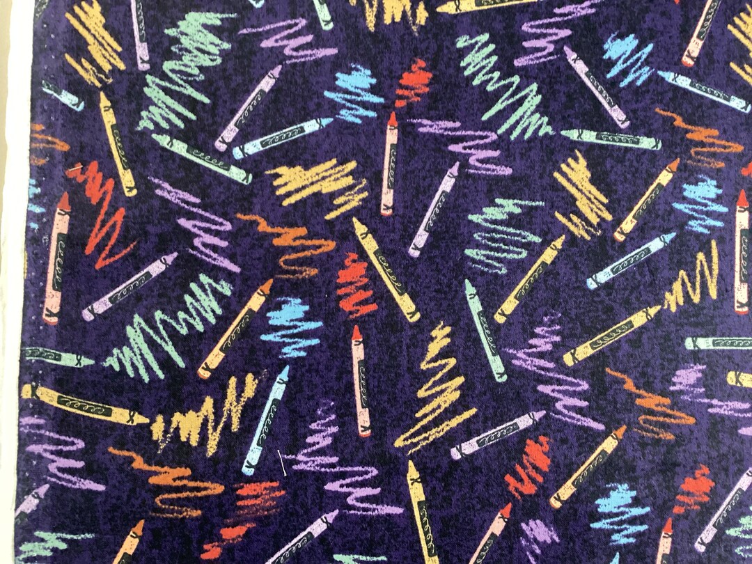 School Cotton Fabric by Half Yard, Crayons Scattered, Red, Yellow, Aqua ...