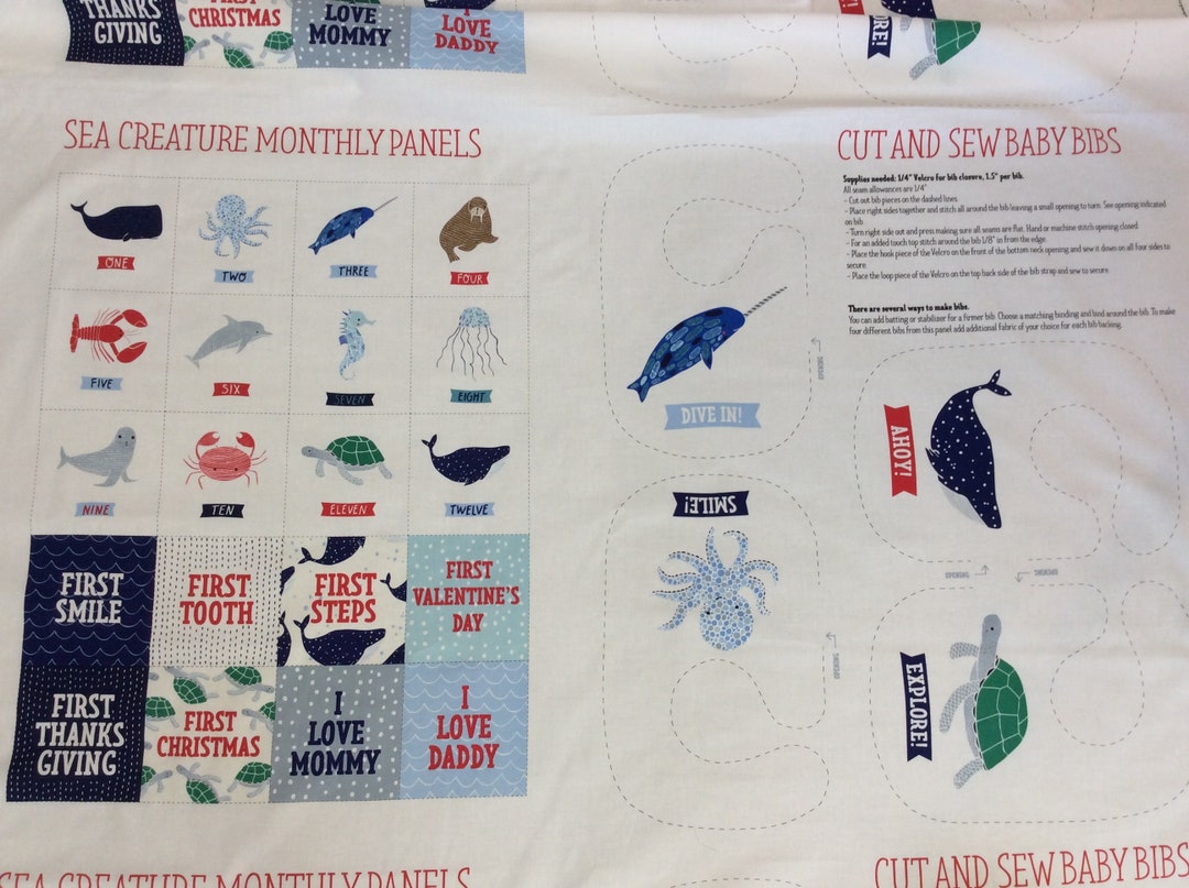 Baby Bibs (4) and Panels, Cut and Sew, Cotton, Sea Creatures, Words ...