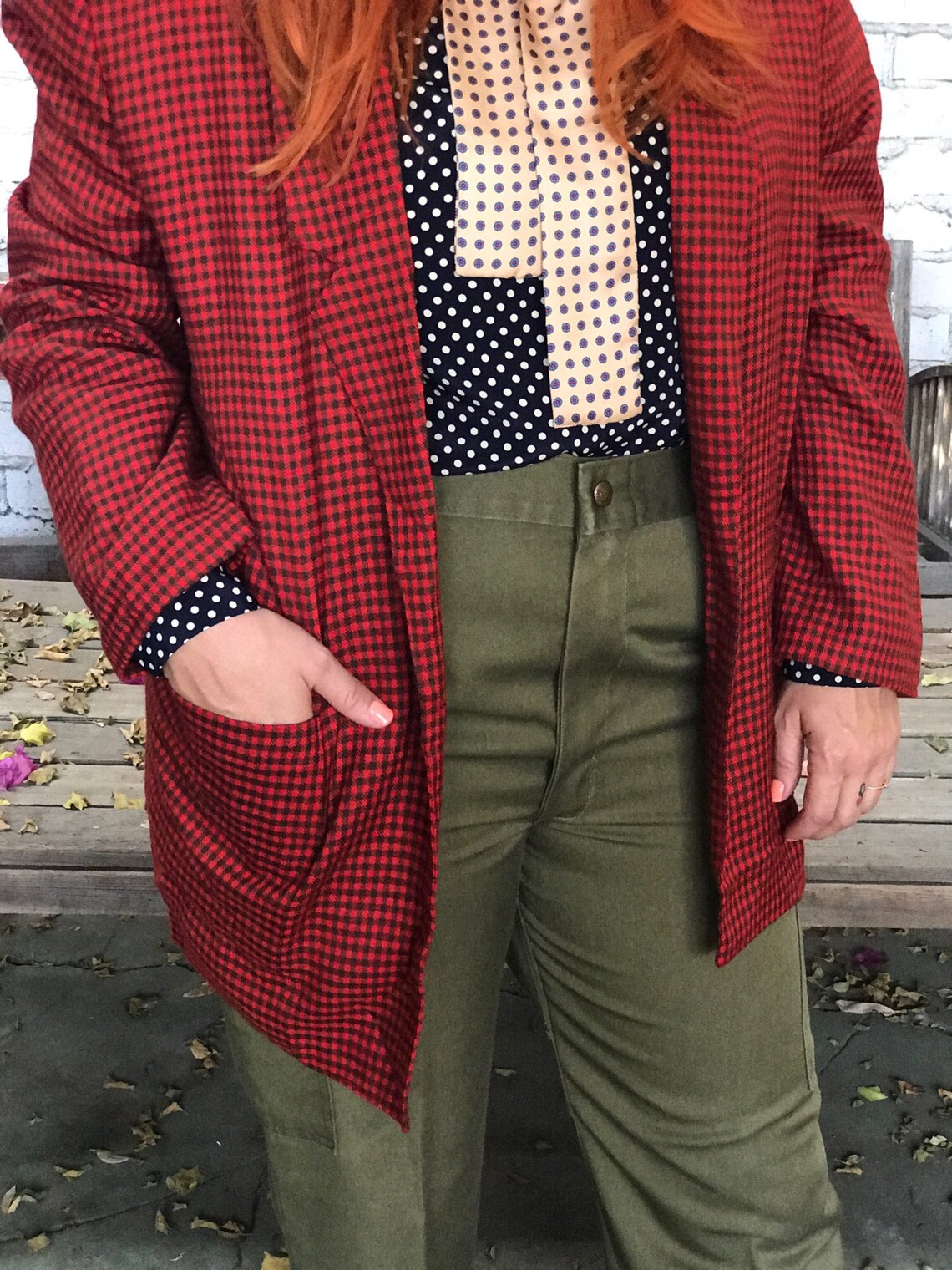 Vintage Gingham Blazer Army Green and Red Checker Jacket Boyfriend Boxy ...