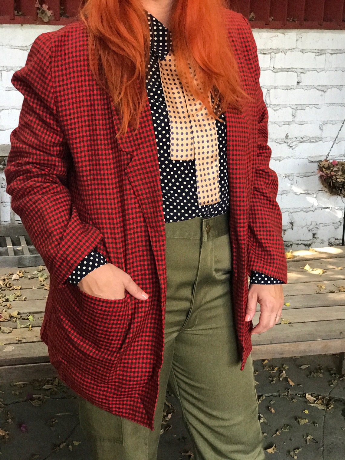 Vintage Gingham Blazer Army Green and Red Checker Jacket Boyfriend Boxy ...