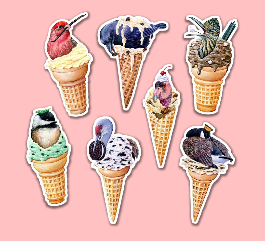 Ice Cream Bird Sticker Set | 7 Flavors/species - Matte Sticker Pack for ...