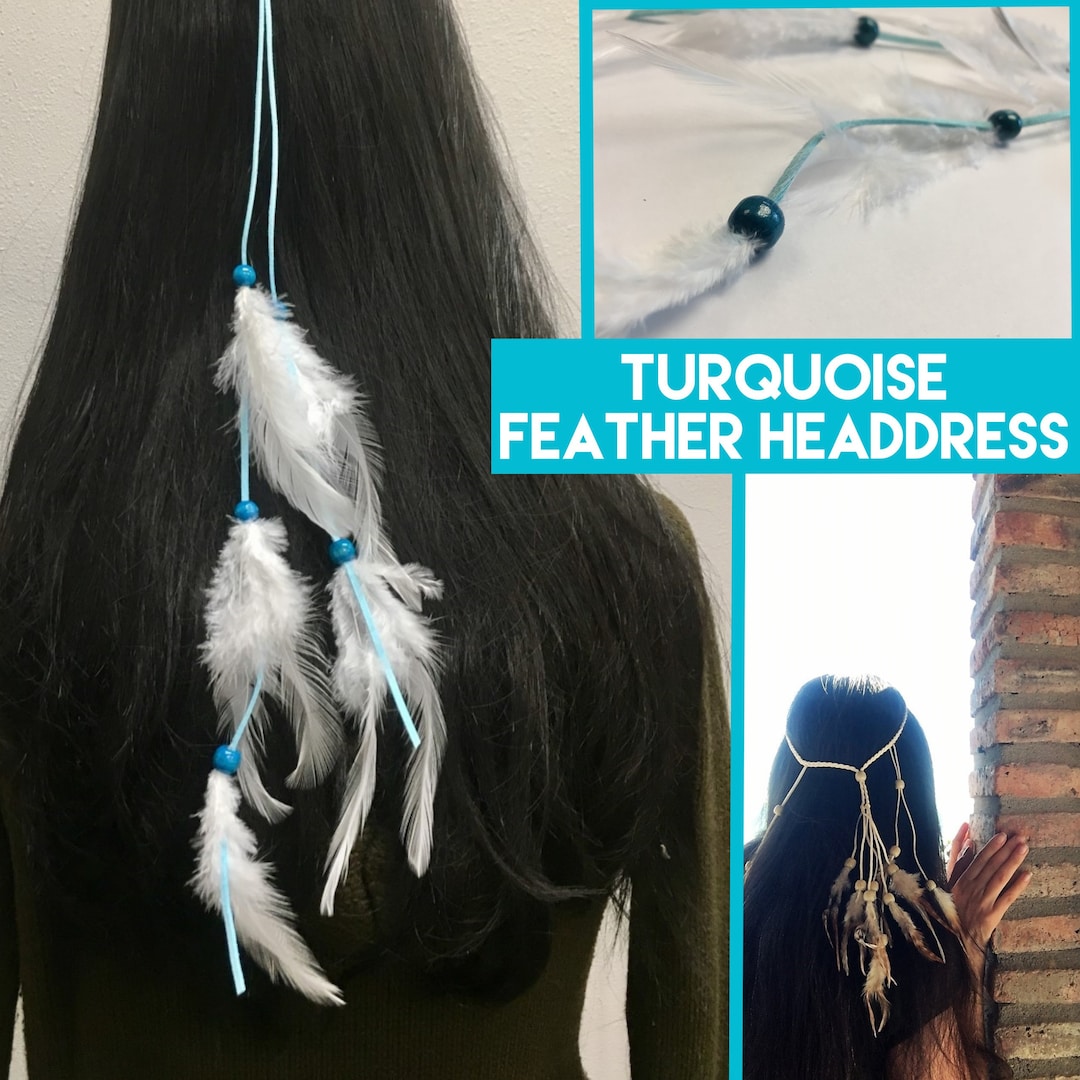 Feather Hair Accessory Turquoise Faux Raw Hide With White Feathers and ...