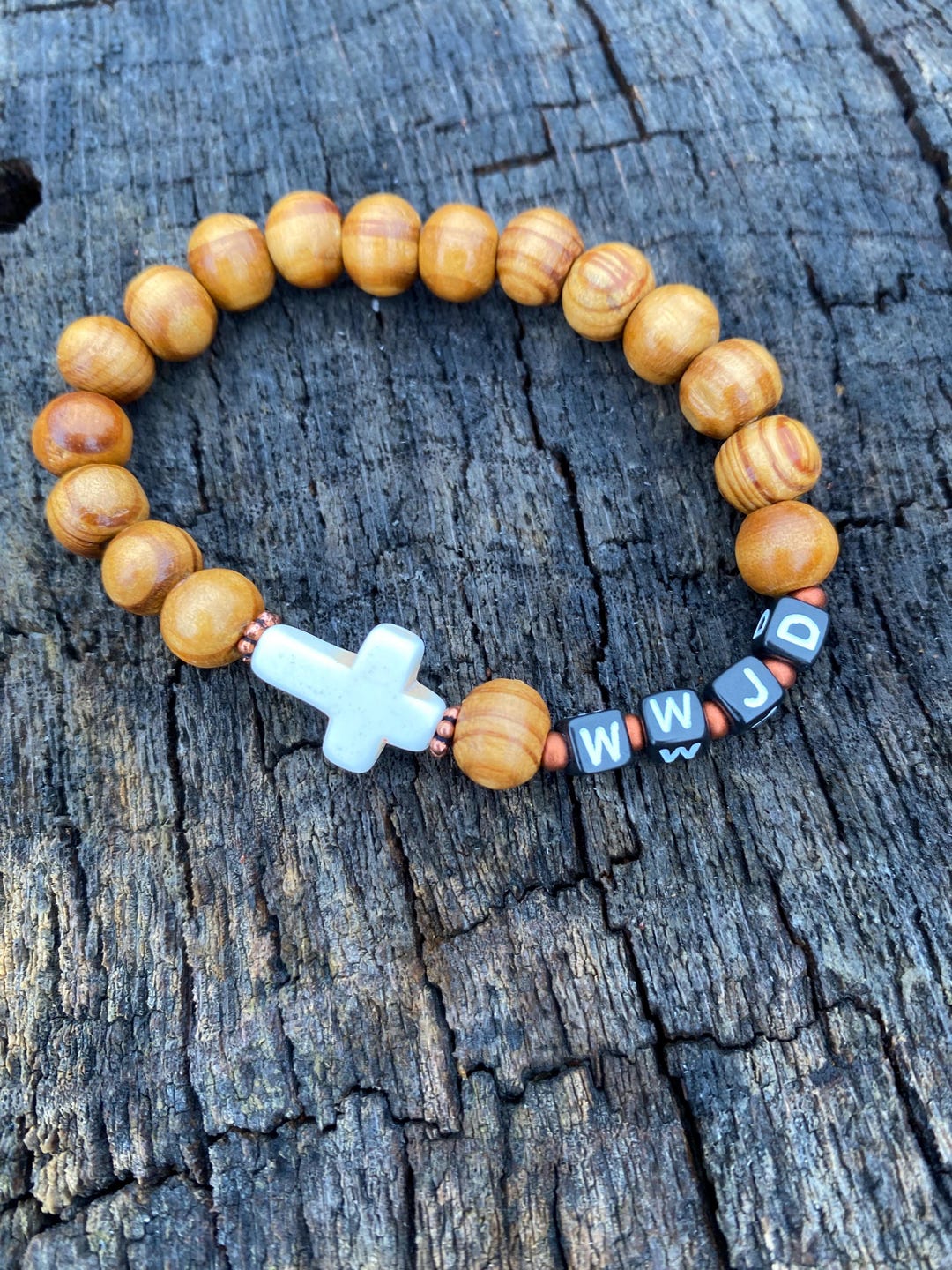 WWJD Wooden Bead Bracelet With Stone Cross - Religious Gift - Etsy