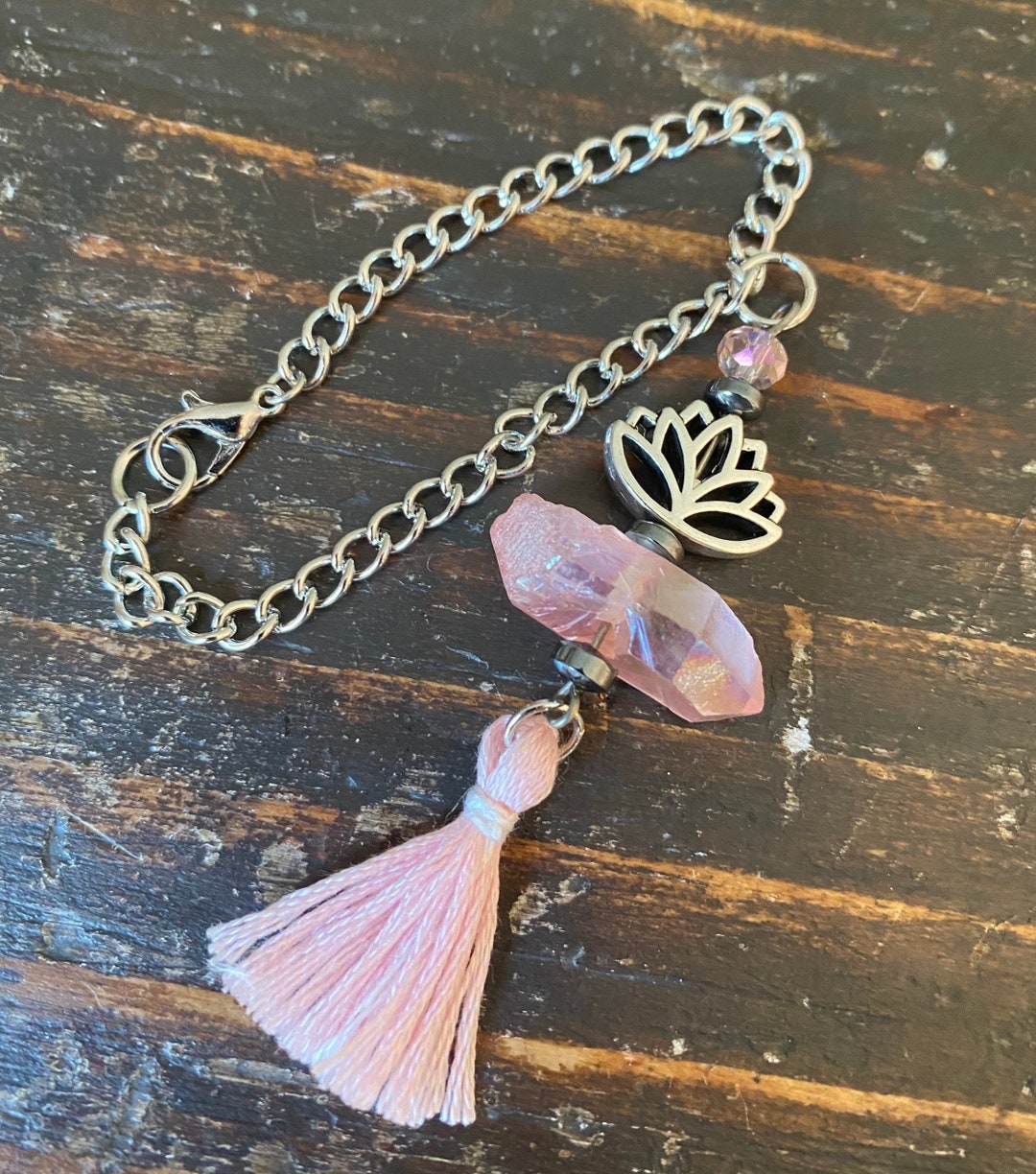 Pink Lotus Rear View Mirror Charm Flower Quartz Beaded Bottle Decor ...