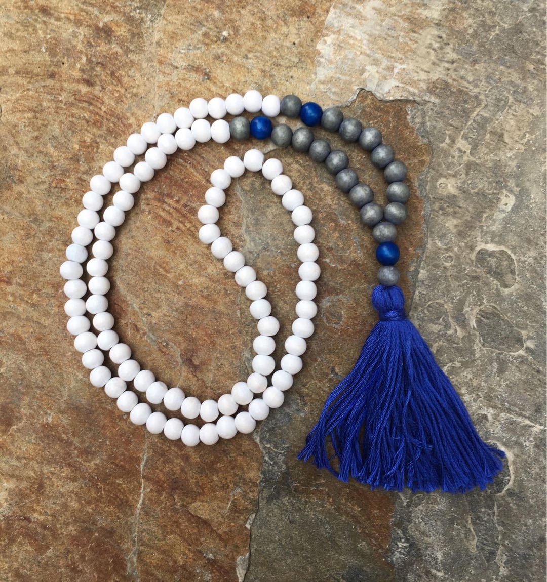 Wood Bead Mala Necklace: 108 Bead, Blue Tassel, Bohemian Style - Etsy