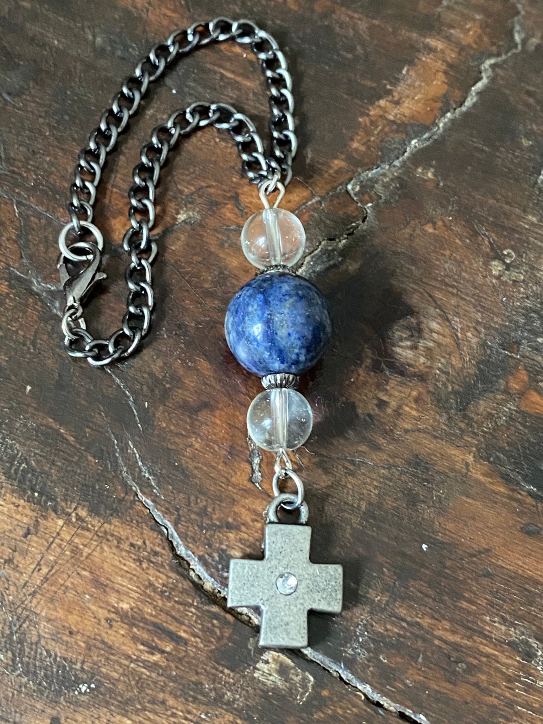 Lapis & Quartz Car Charm: Silver Cross, Safe Travels Gift - Etsy