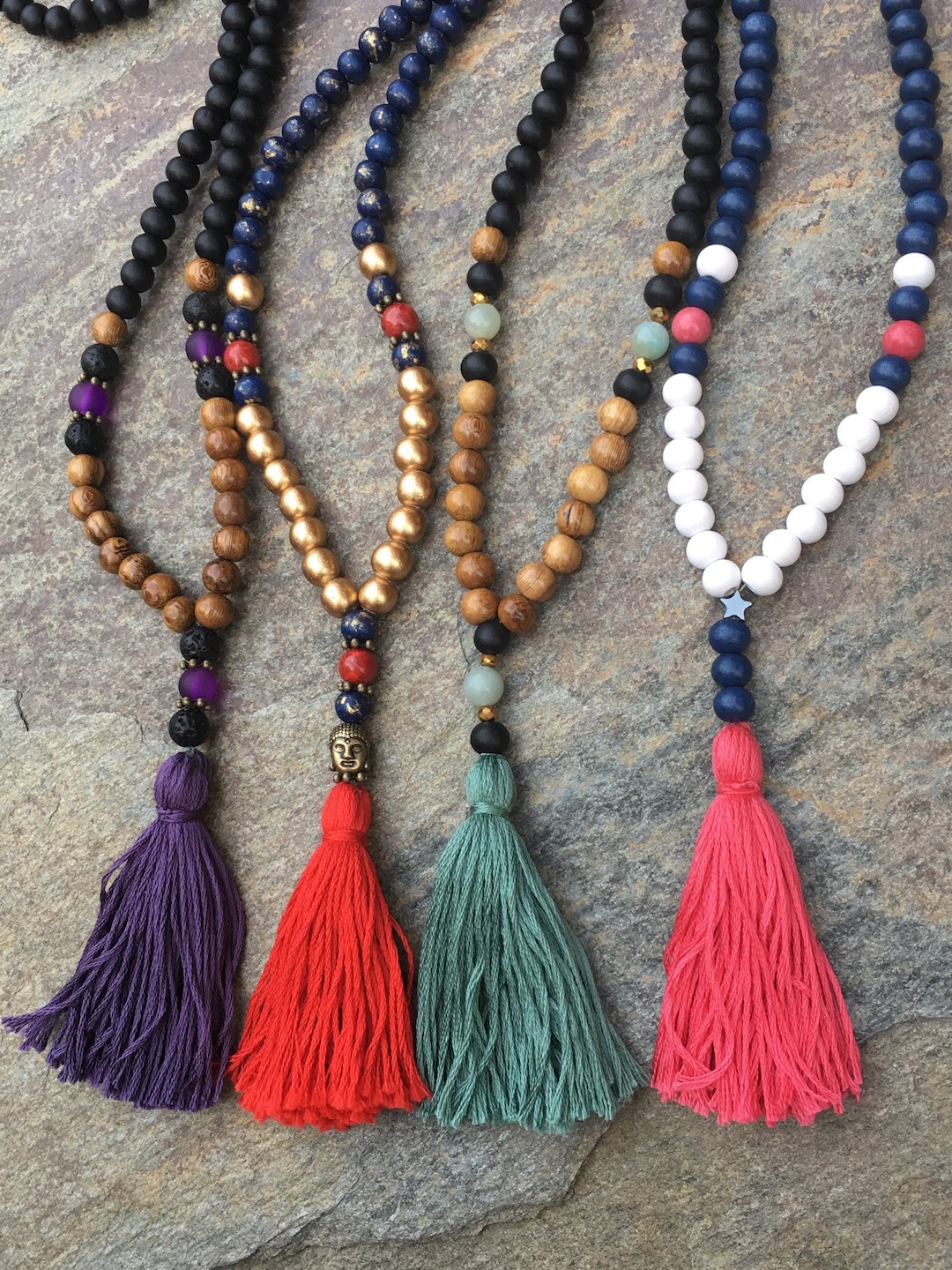 Handmade 108 Bead Mala Necklace: Stone & Wood Tassel Necklace - Etsy