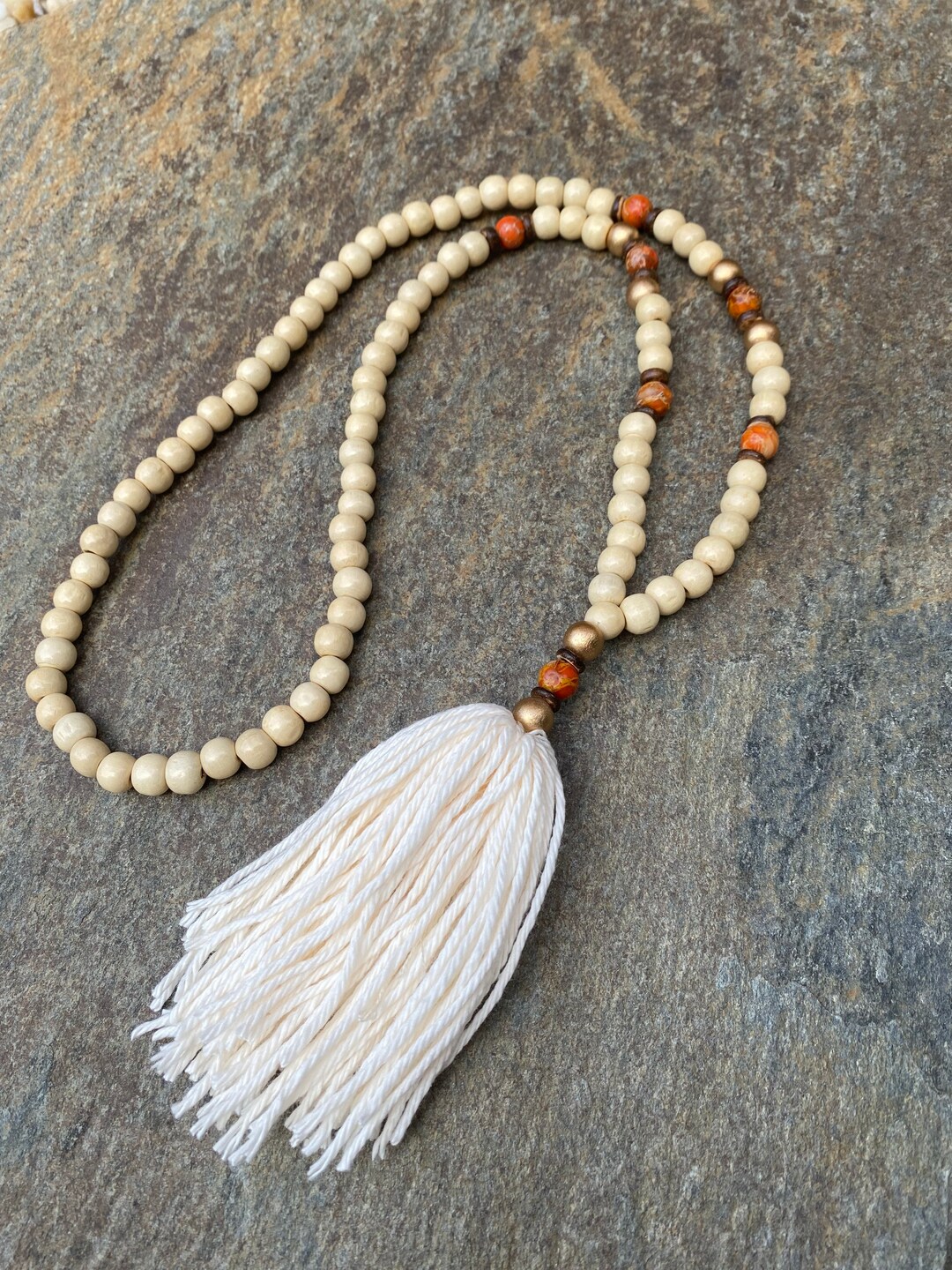 Wood & Stone Beaded Necklace Extra Fluffy Tassel Necklace Orange Jasper ...