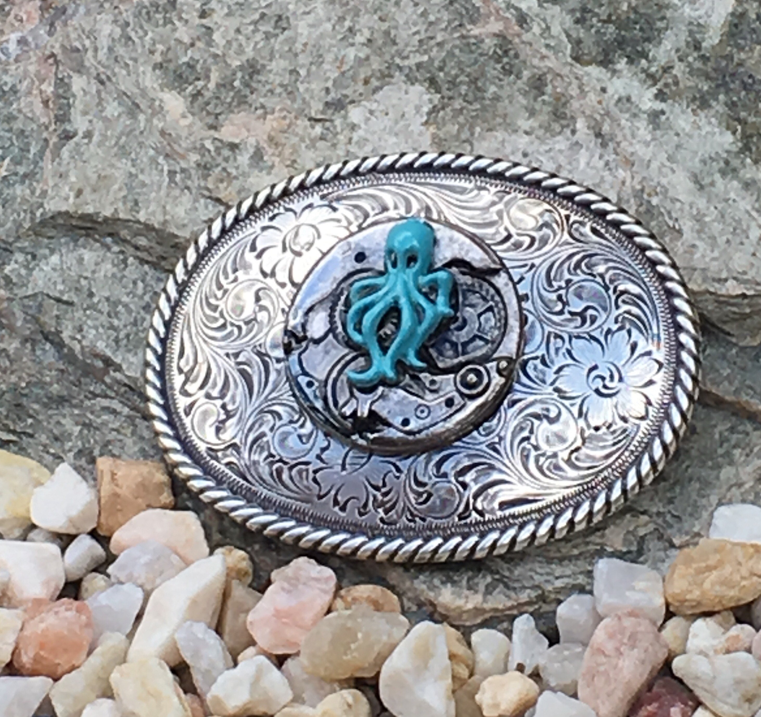 Octopus Belt Buckle Floral Engraved Silver Oval Belt Buckle - Etsy UK