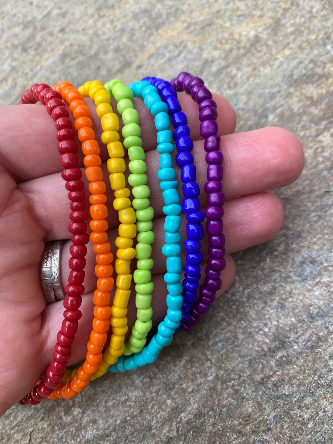 Set of 7 Stacking Bracelets Rainbow Colors 7 Chakra Minimalist Stretch ...
