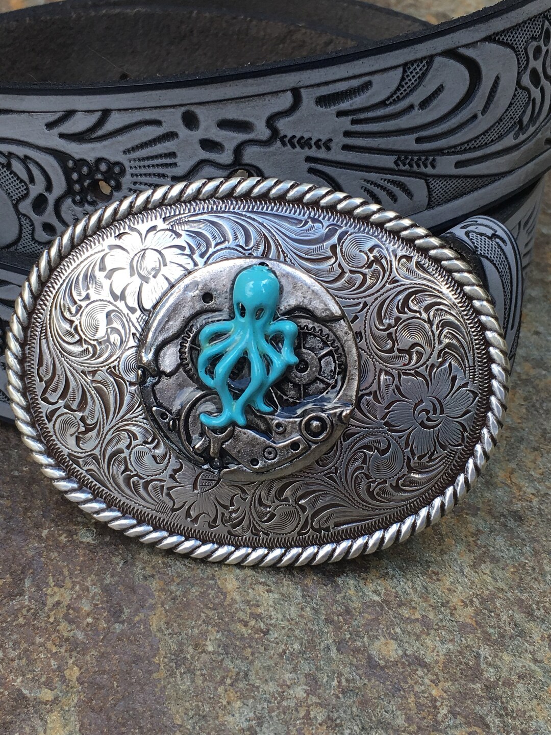 Octopus Belt Buckle Floral Engraved Silver Oval Belt Buckle Steampunk ...