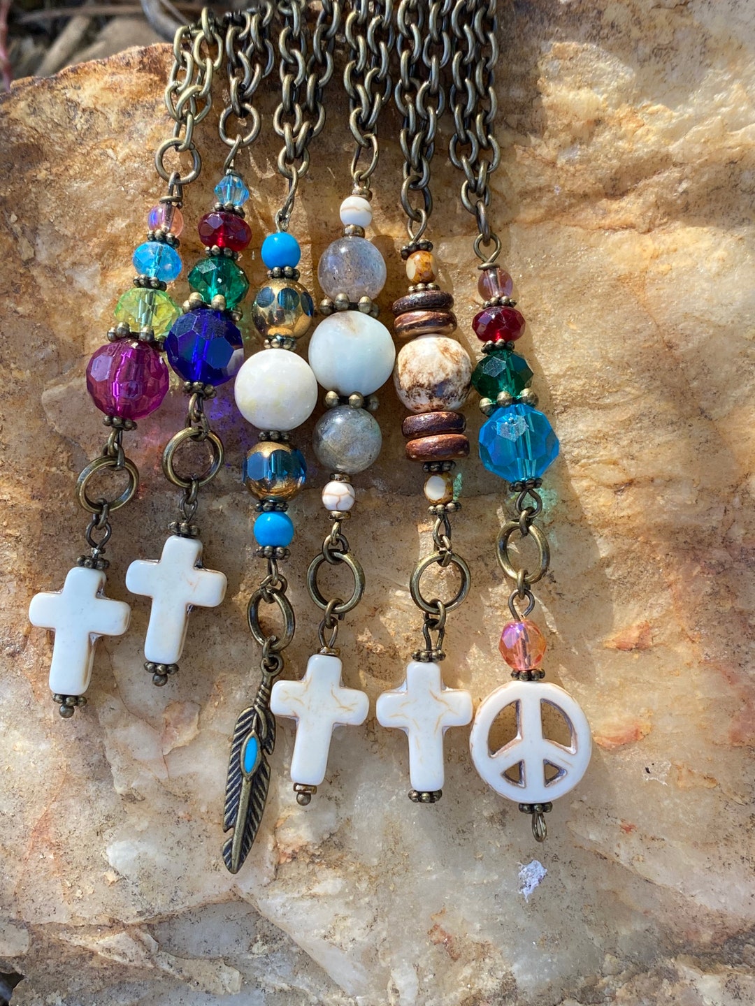 Rear View Mirror Charm Peace Sign Cross Beaded Protective Sparkly ...