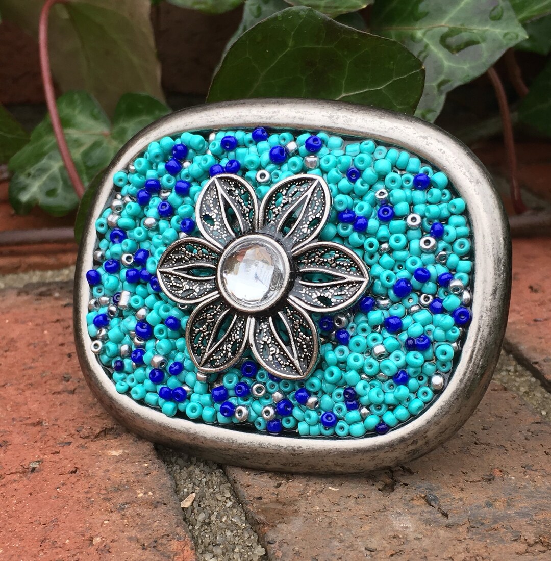 Beaded Belt Buckle Blue Belt Buckle Women's Belt Buckle Flower Cowgirl ...