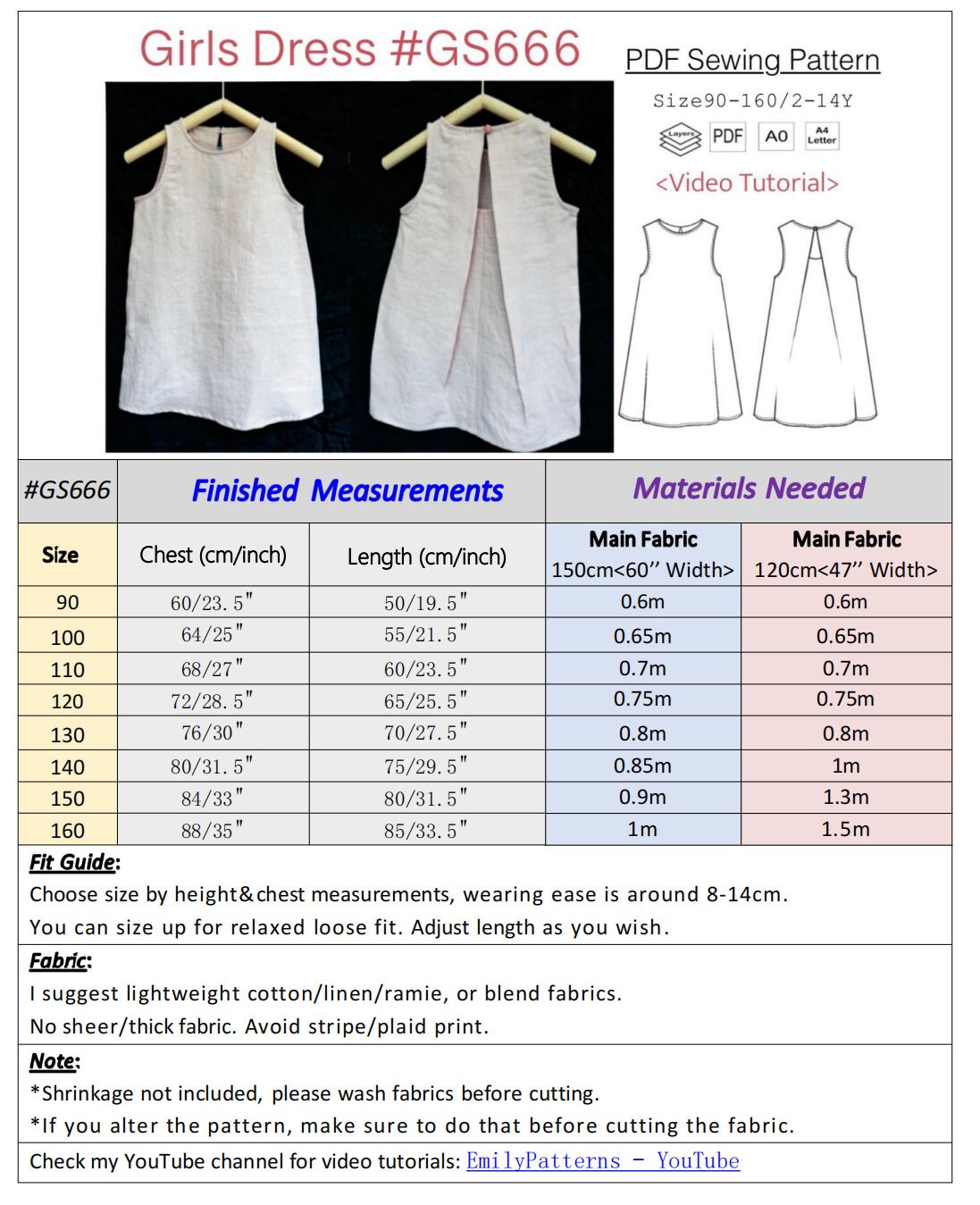 Video Tutorial-girls Cotton/linen Summer Dress PDF Sewing Pattern gs666-digital PDF File-size90 ...