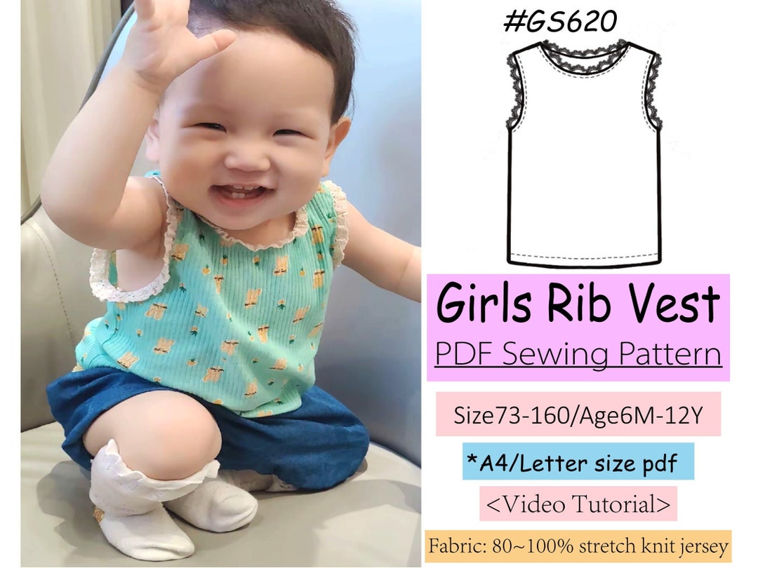 Girls Rib Vest PDF Sewing Pattern #gs620-size73-160/age6m-12y-video ...
