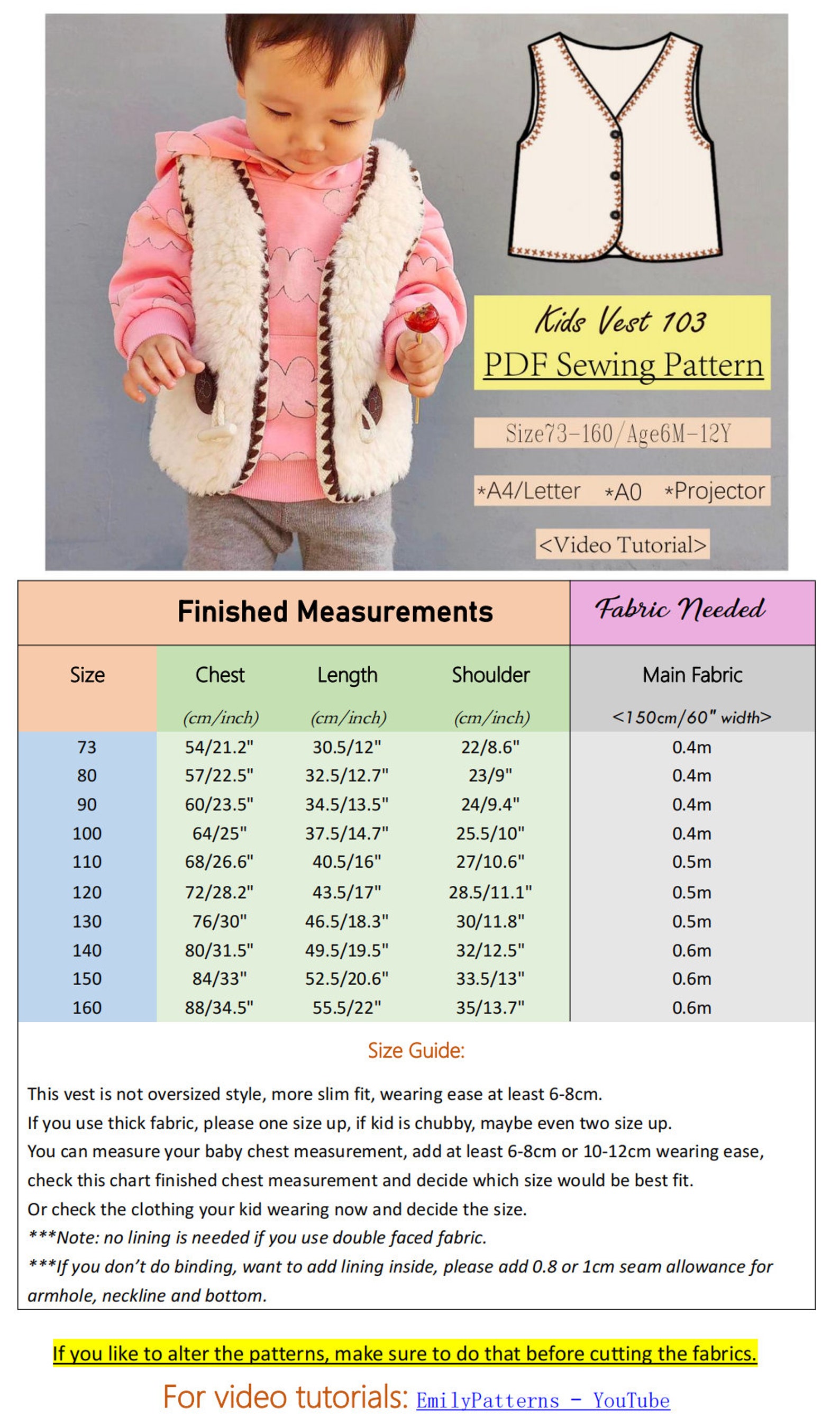 Kids Vest 103_PDF Sewing Pattern for Baby/girls/boys_size73-160/age6m ...