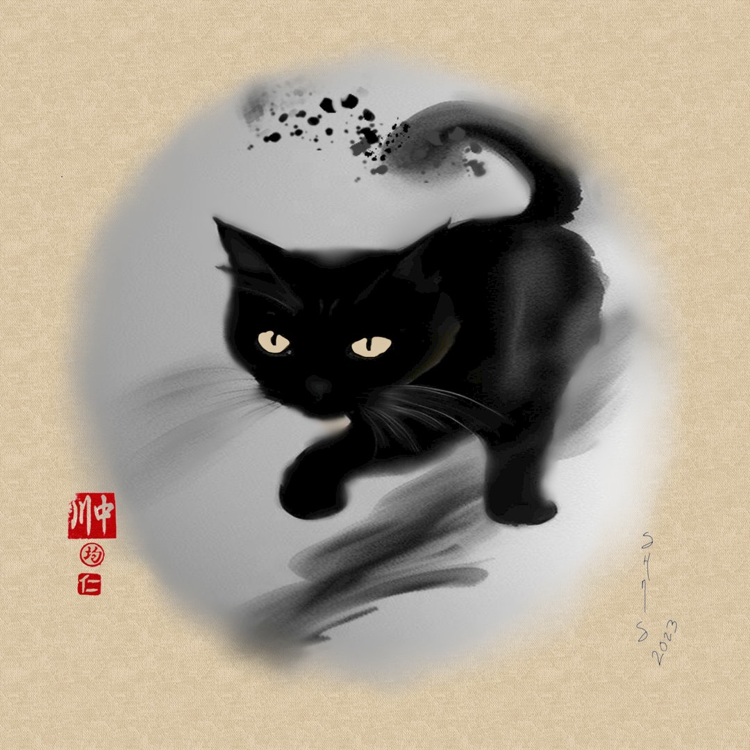 Misty Cat art Print Sumi-e Painting by C. Hitoshi unframed Print - Etsy