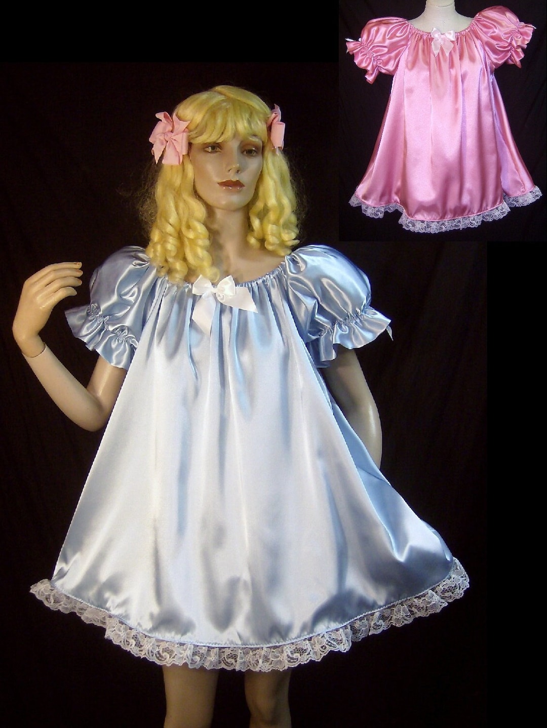 Adult Sissy Satin Frilly Baby Doll Style Nightgown Play Dress Lacey ...