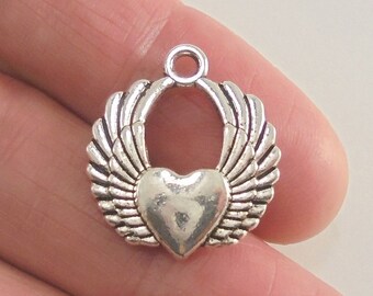 7 Winged Flaming Heart Charms 24x13mm Antique Silver Finish - Etsy