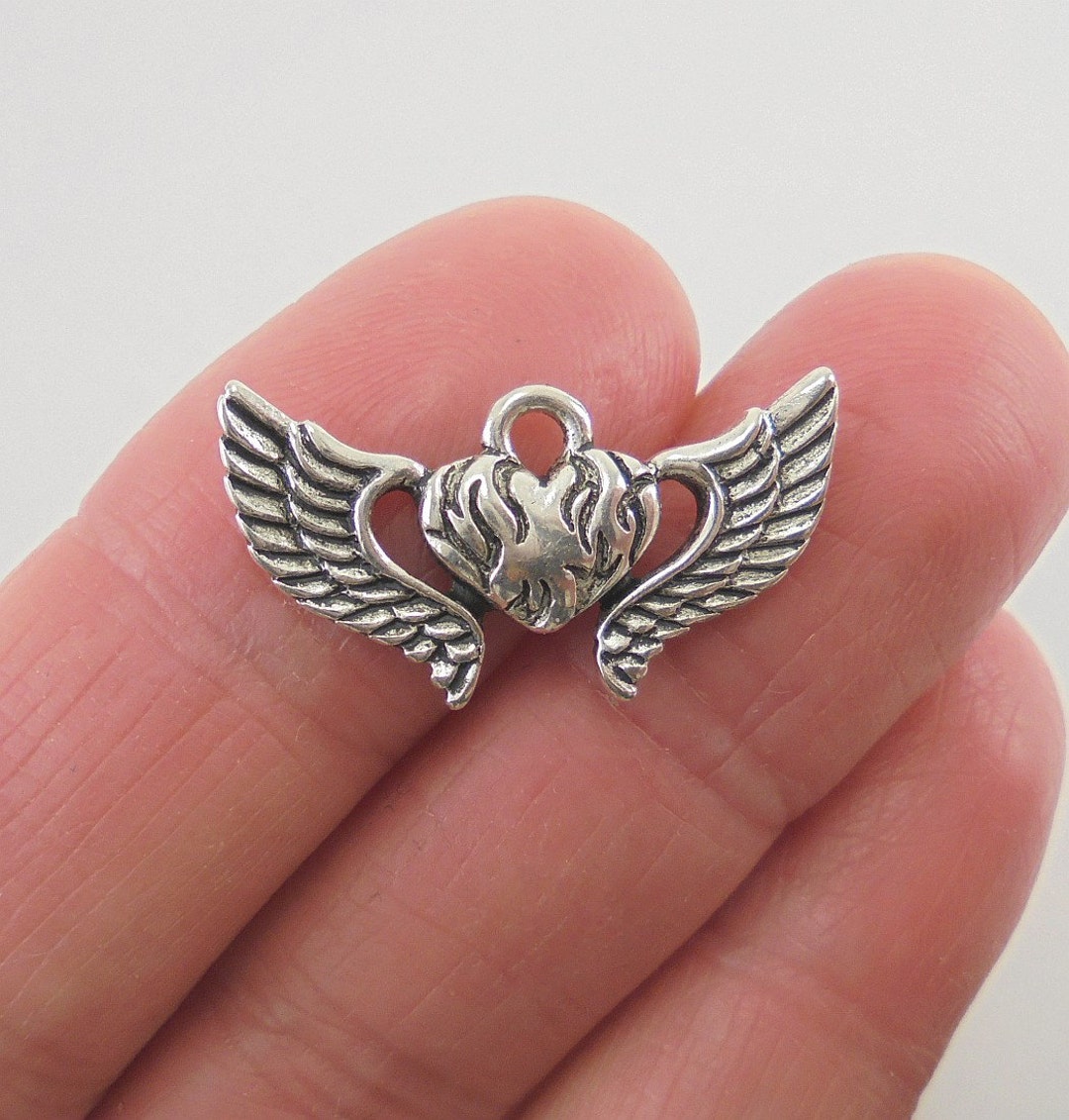 7 Winged Flaming Heart Charms 24x13mm Antique Silver Finish - Etsy