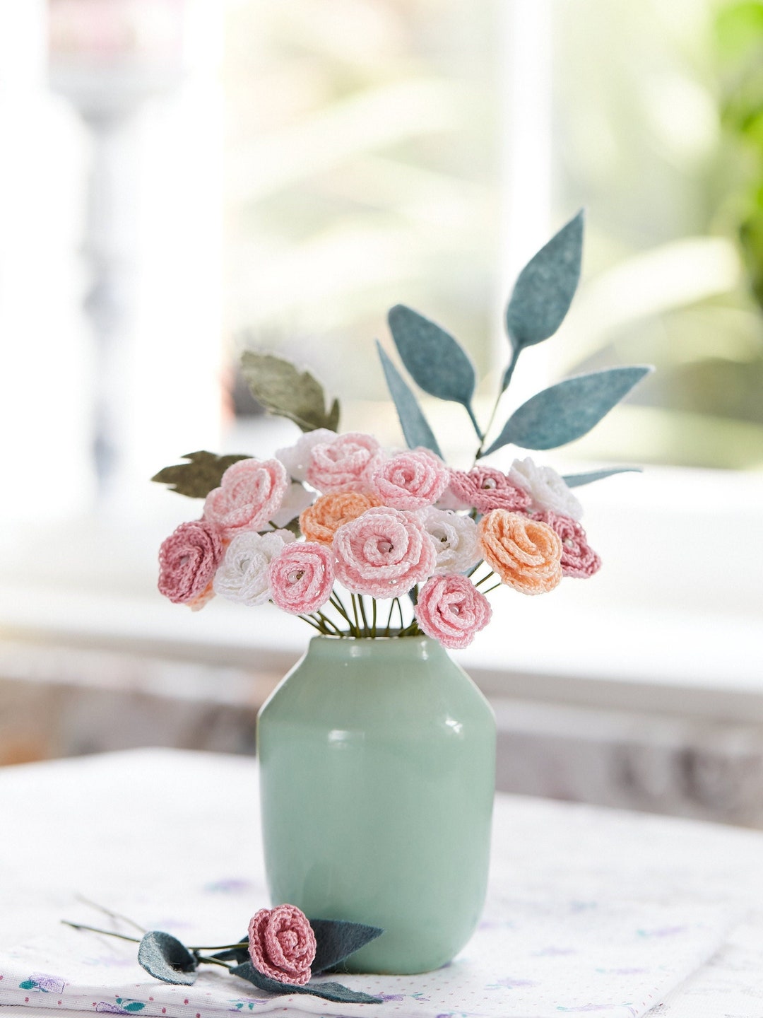 Crochet Rose Stems, Mini Roses on Wire Stems, June Birth Flower, Cotton ...