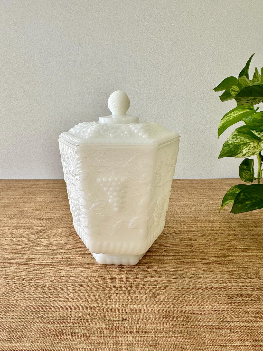 Vintage Anchor Hocking Fire King White Milk Glass Cookie Jar With Lid ...